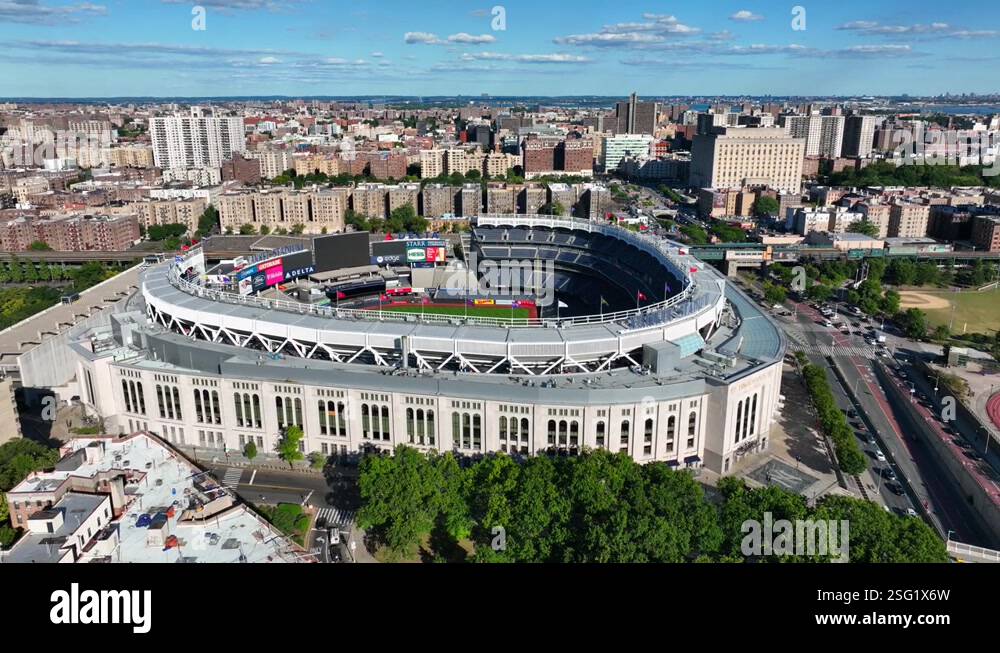 Exterior of Yankee Stadium from home plate and third base side. Aerial ...