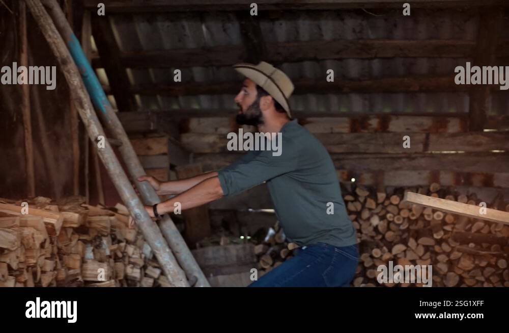 Farmer Chopping Wood On Ranch. Stockbreeder On Farm. Cowboy Working ...