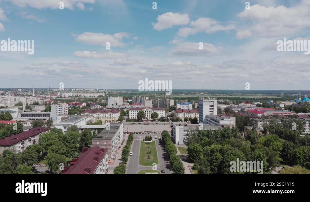Central square of soviet, cars drive along the wide roads, aerial view ...