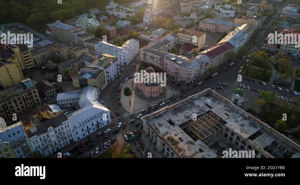 Drone aerial view Kyiv historical building at beautiful sunset or ...