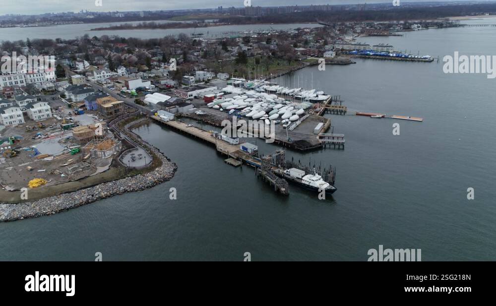 City Island Harbor In New York City. Boat Yard and Ferry. Aerial Drone ...
