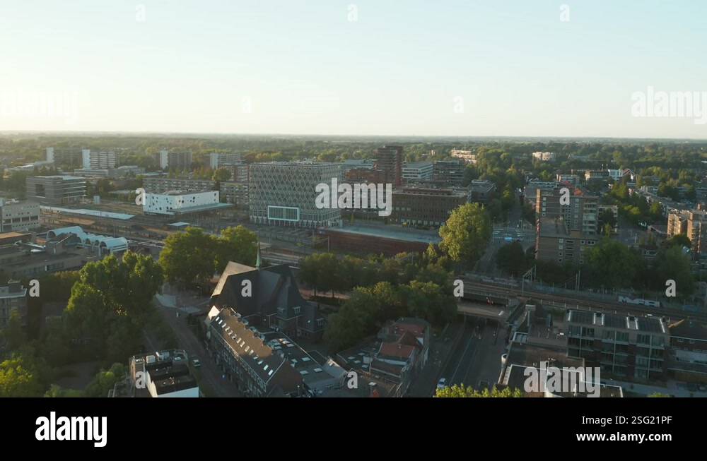 Flying Towards The New City Hall Gouda With Gouda Train Station In The ...