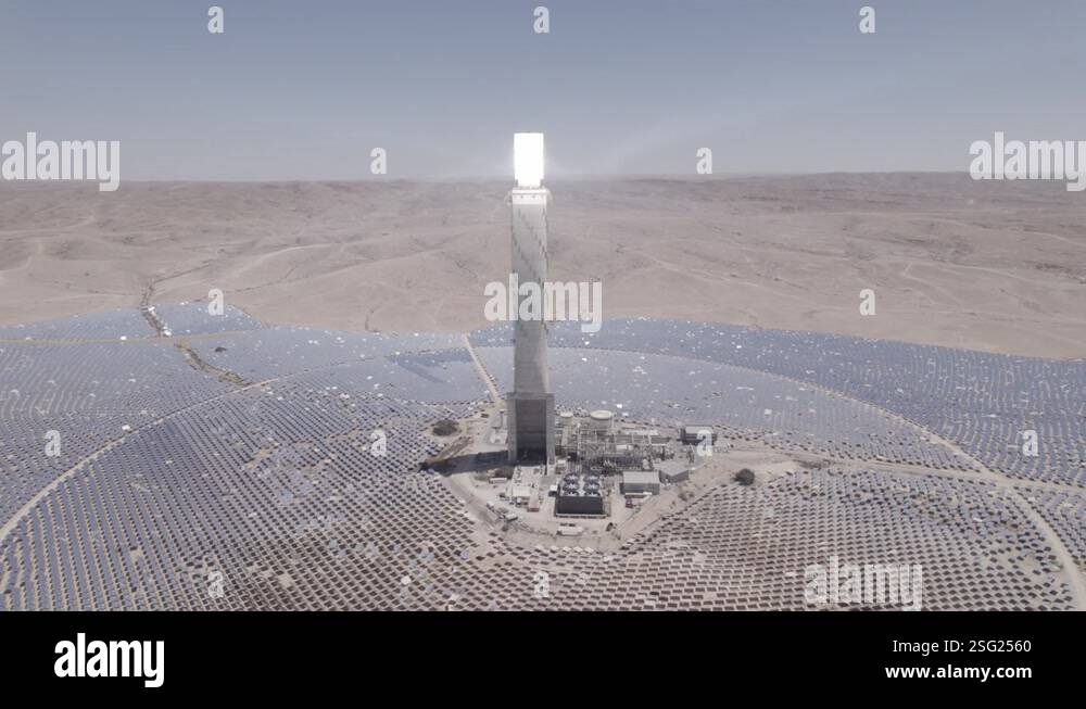 Solar power tower focused sunlight for movable mirrors at the desert ...
