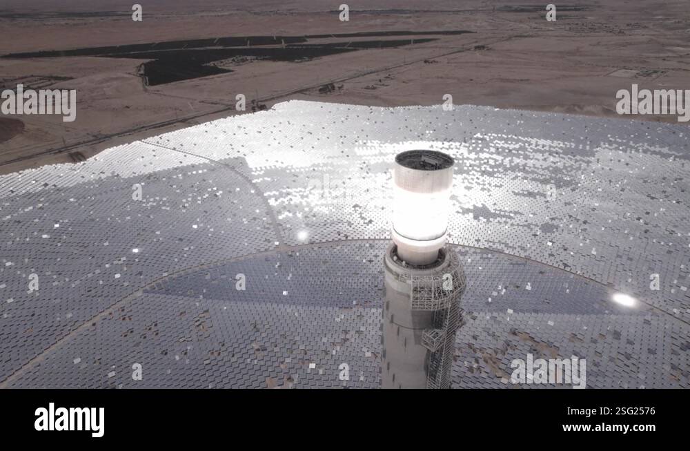 Solar power tower focused sunlight for movable mirrors at the desert in ...
