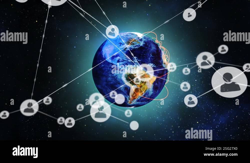 Animation of profile icons connecting with lines over globe with grid ...