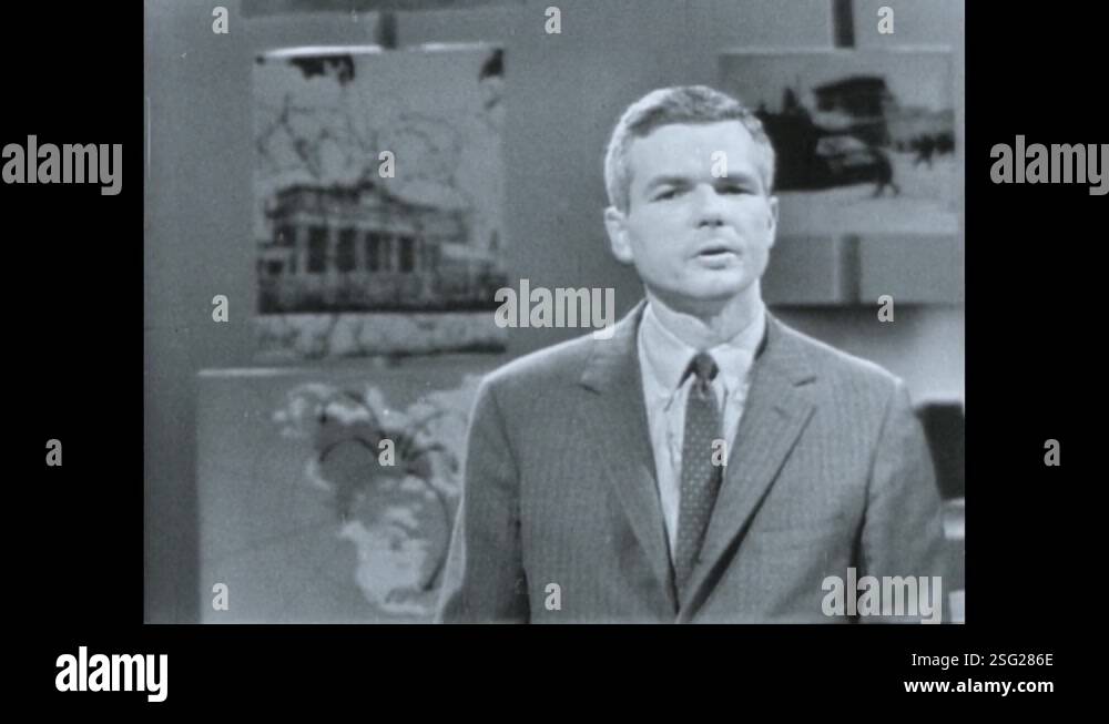 1960s: Seated narrator in front of rows of pictures from Russian life ...