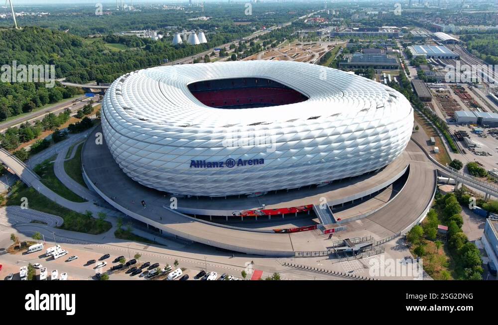 The Allianz Arena football stadium exterior aerial view Stock Video ...