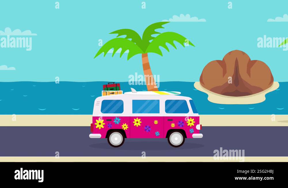 Hippie van moving on road with beach background Stock Video Footage - Alamy