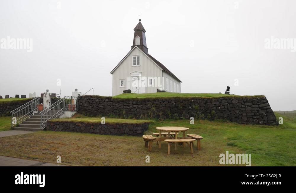 Strandarkirkja church in Iceland with gimbal video walking forward ...