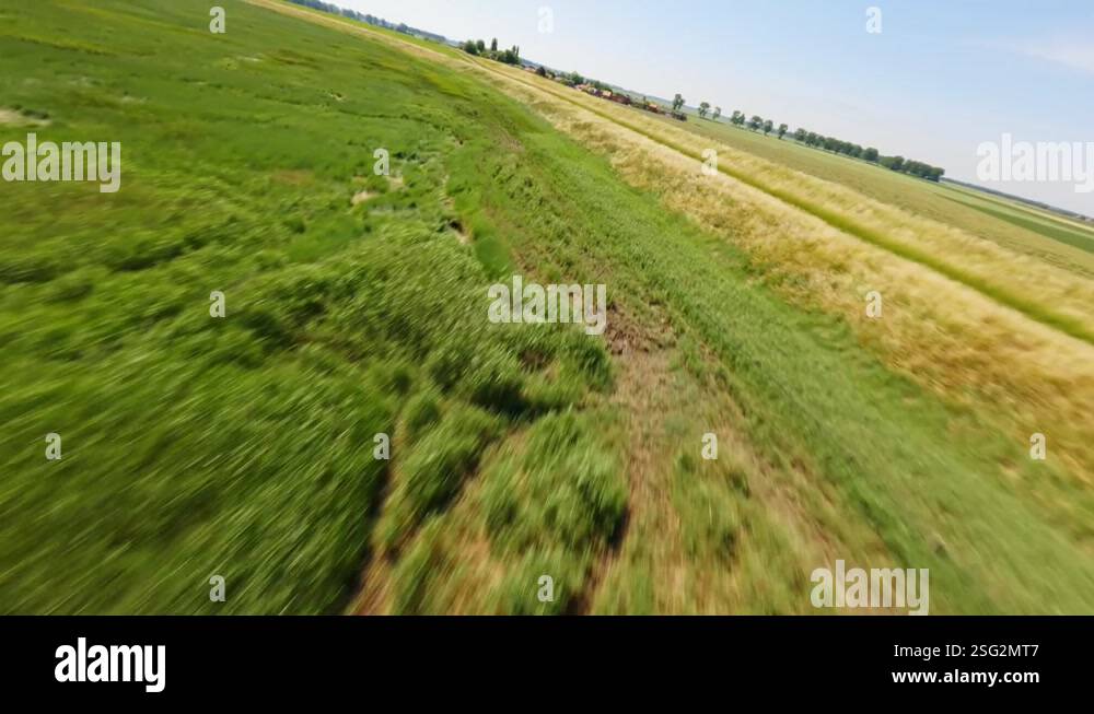 FPV drone shot flying at high speed over a ditch and marshland Stock ...