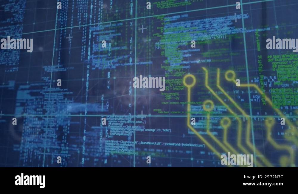 Animation of data processing with connecting dots, hud elements on ...