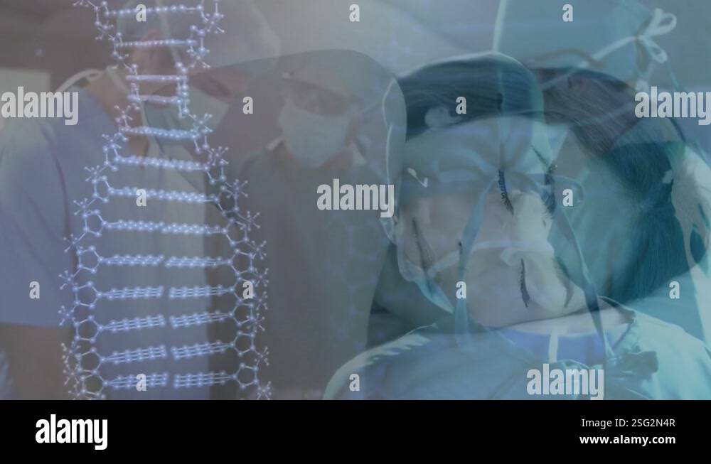 Animation of dna helix and doctors discussing in surgery room over ...