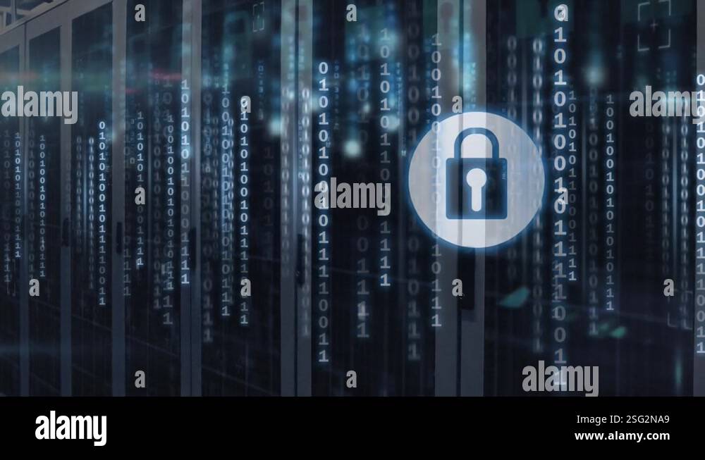 Animation of security padlock icon and binary coding data processing ...