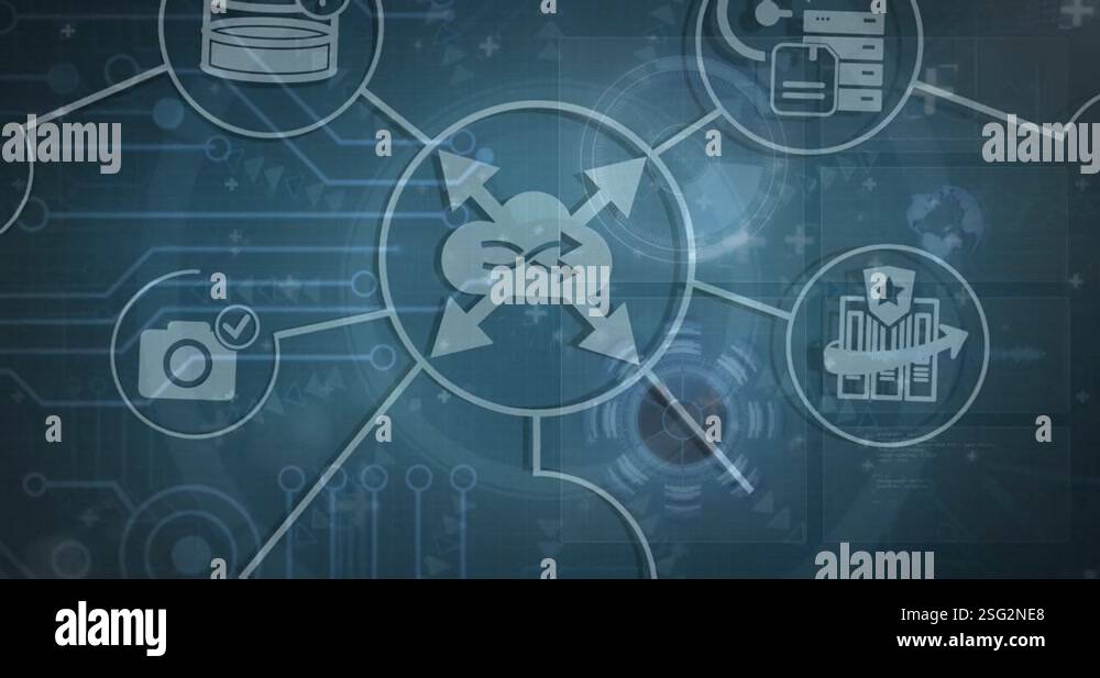 Animation of graphical flow charts with computer icons against ...