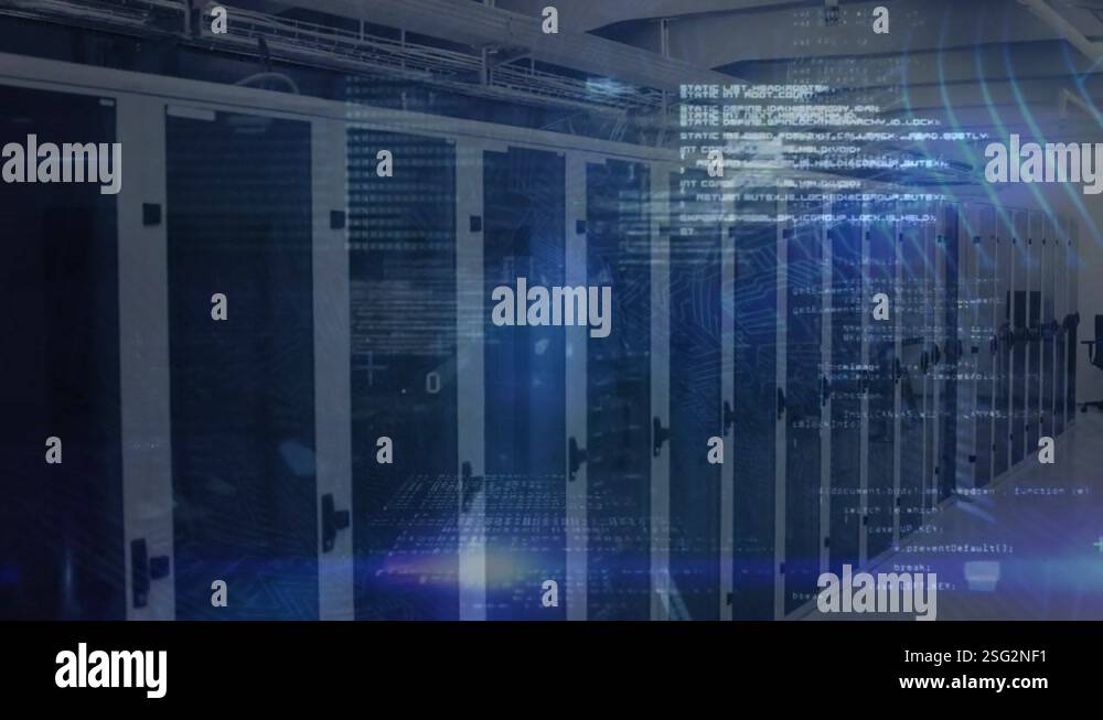 Animation of data processing and light spot against empty computer server room Stock Video ...