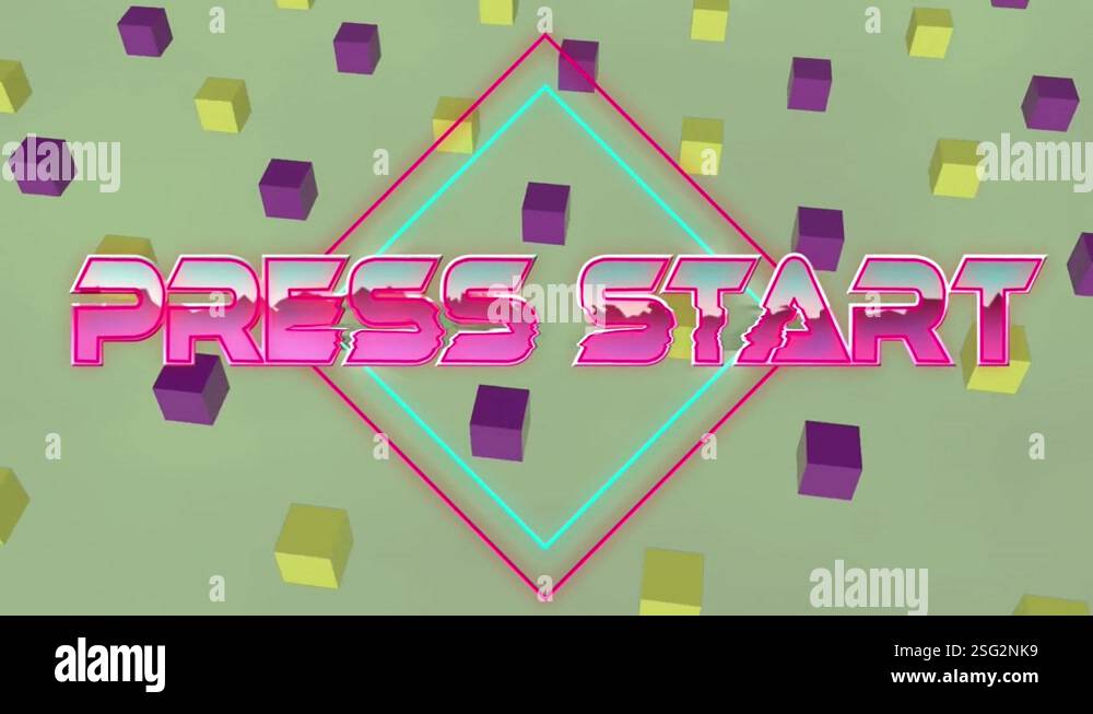 Animation of press start text over squares on green background Stock ...