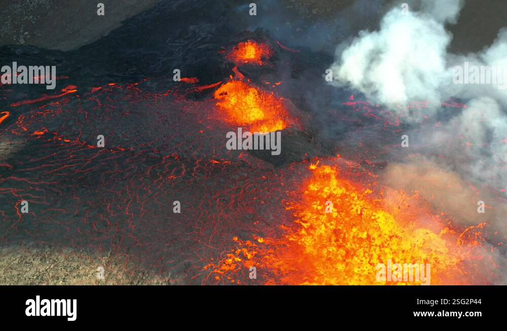 Flaming Red Lava During Volcanic Eruption Of Fagradalsfjall Volcano In ...