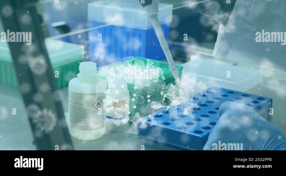 Animation of covid cells floating over businessman and surgeon in face ...