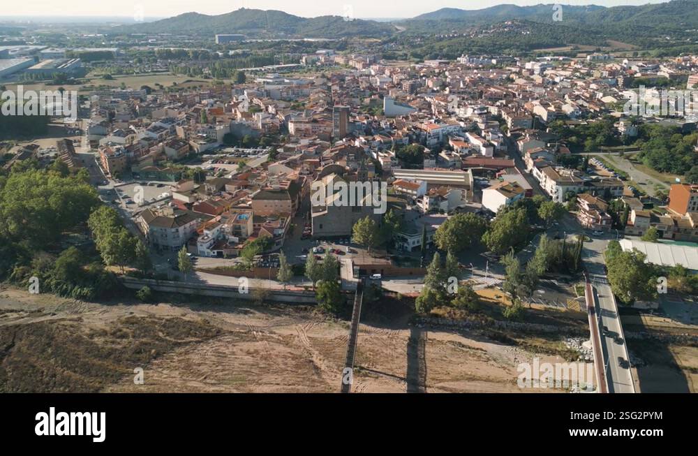 tordera city in barcelona aerial images along the dry river in europe ...