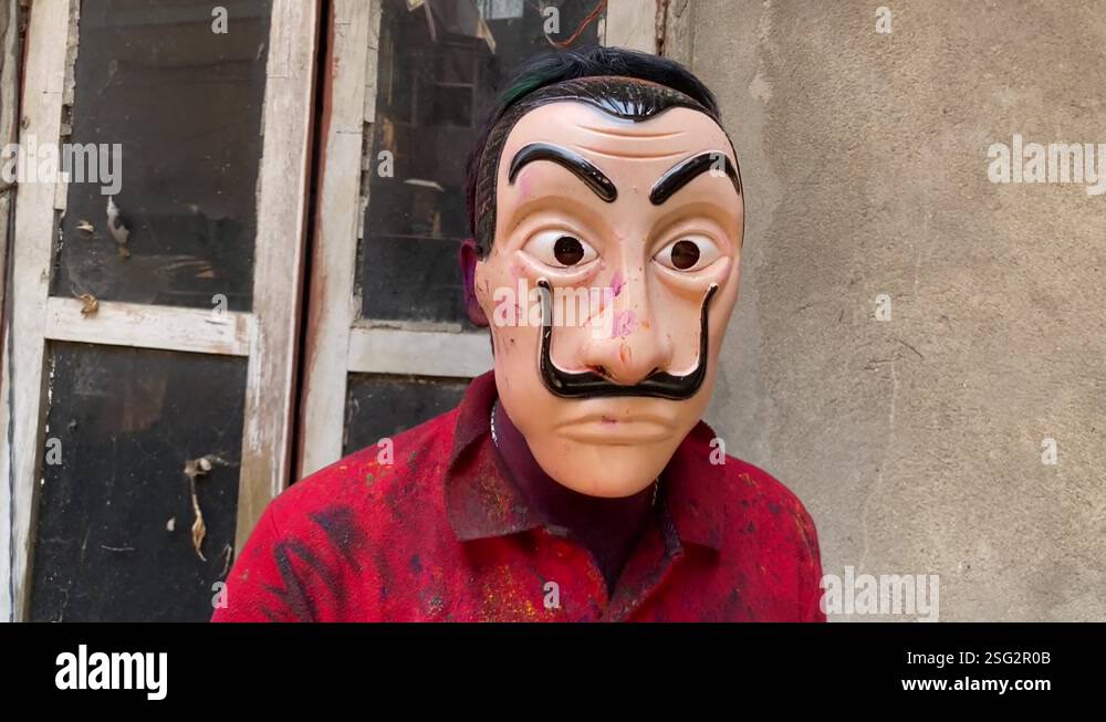 A panning shot of boy wearing a funny mask on his face. The video has ...
