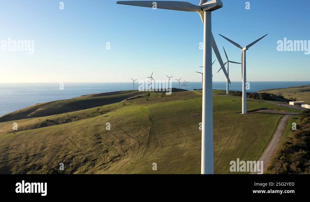 Renewable energy wind farm aerial at sunset, South Australia Stock ...