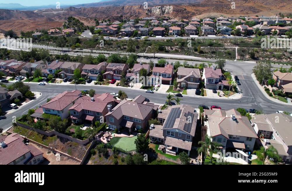 Drone flyover Simi Valley Neighborhood, residential suburban Houses ...