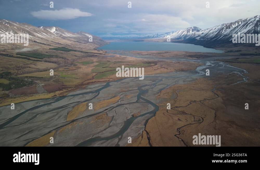 Beautiful aerial scenic of Lake Ohau during winter in New Zealand Stock ...