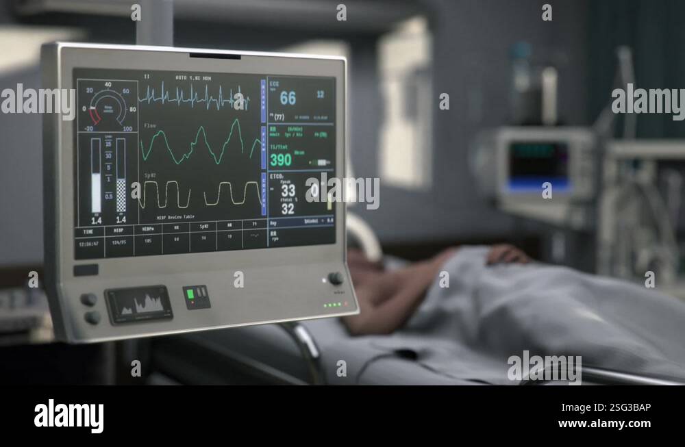 Medical Monitoring Equipment Checks Lung Ventilation Of Ill Patient At ...