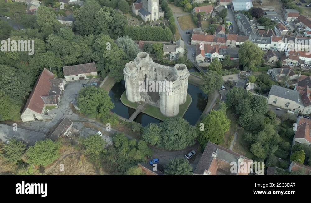 An aerial view of Nunney Castle, a medieval castle at Nunney in the ...