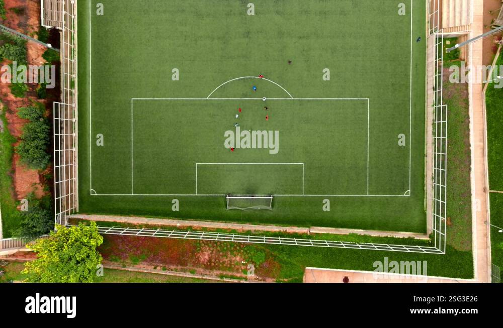 Aerial Topdown view of Football pitch, penalty kick shoot in slow ...