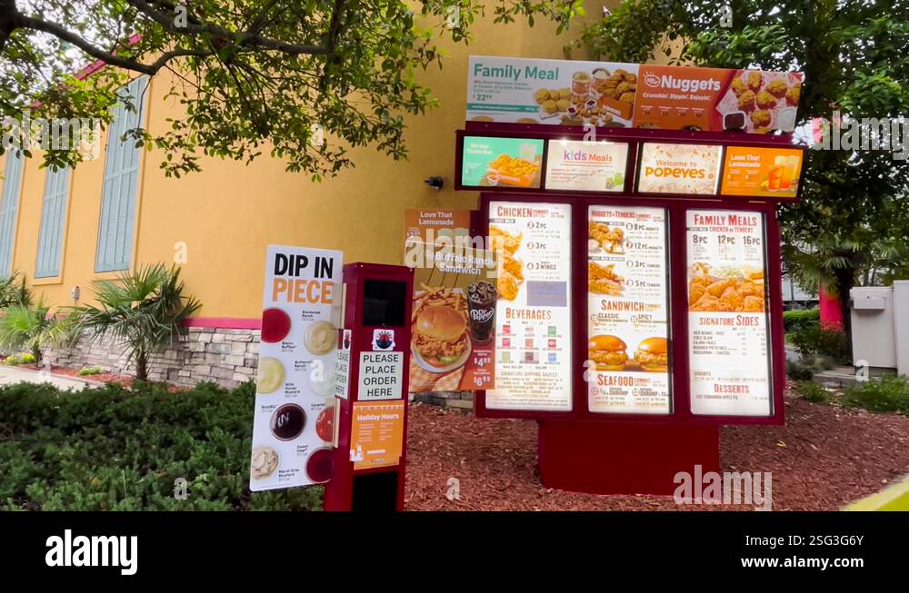 Popeyes fast food restaurant drive thru menu order sign and speaker ...
