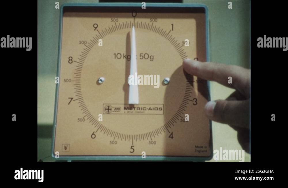 1970s: Hand points to scale, scale changes. Hand points to gauge. Hands ...