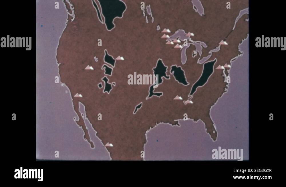 1960s: Map of North America. Red dots appear in New England region ...