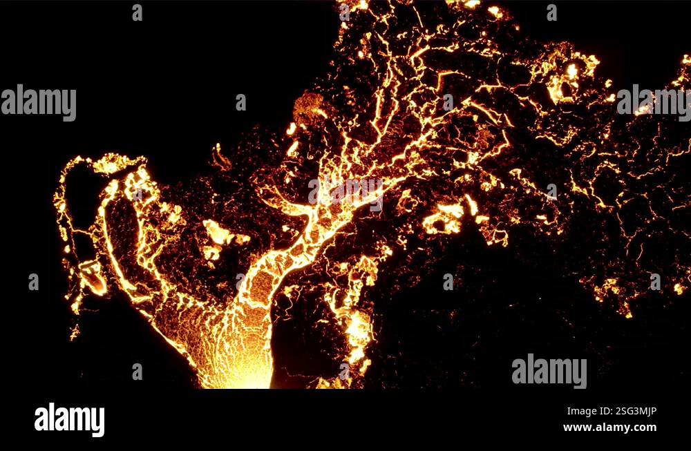 Top Down Aerial Night View of Volcanic Lava Flowing After Eruption of ...