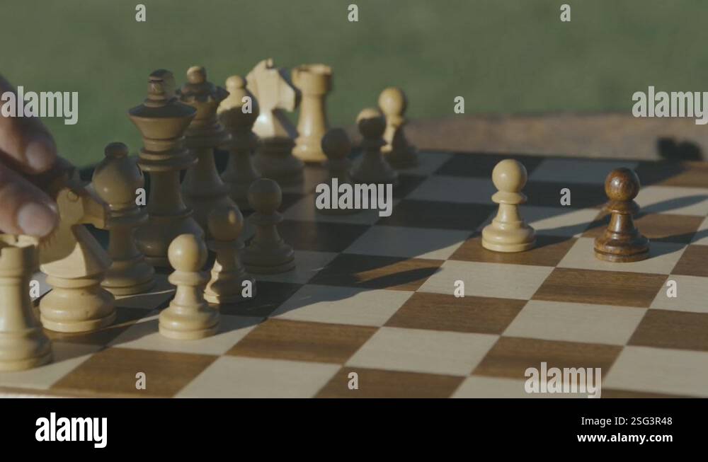 Chess: white knight moves to F3, chessboard placed in the sun in the ...