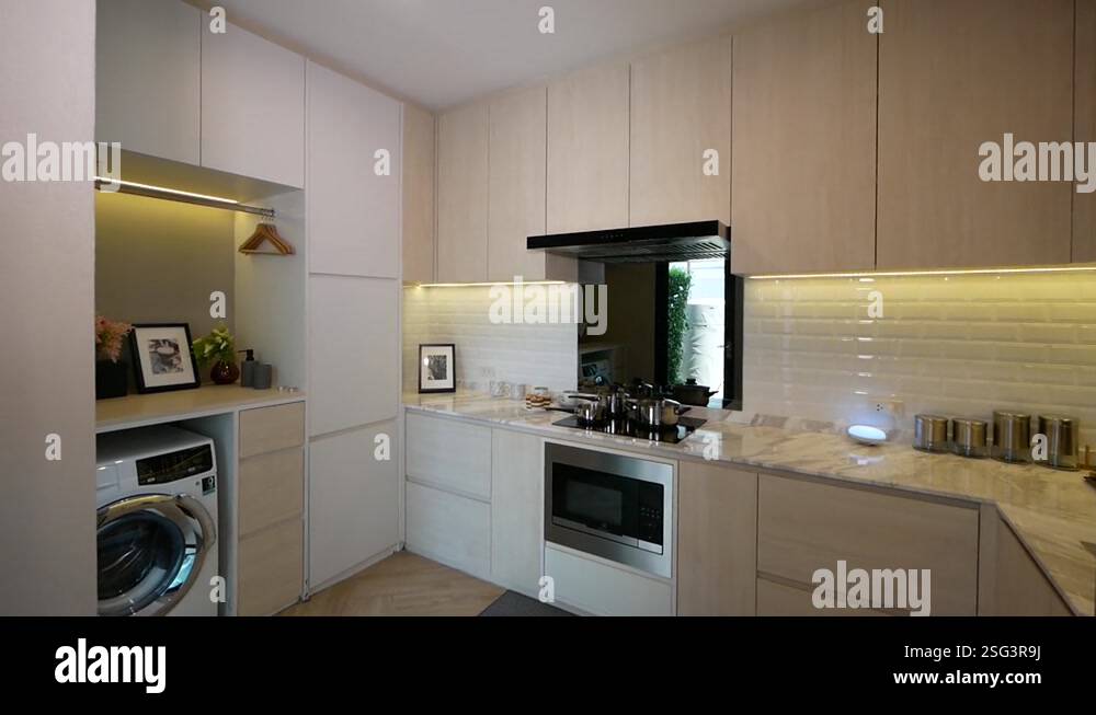 Modern Kitchen With White Marble Top, Tidy and Clean, No People Stock ...