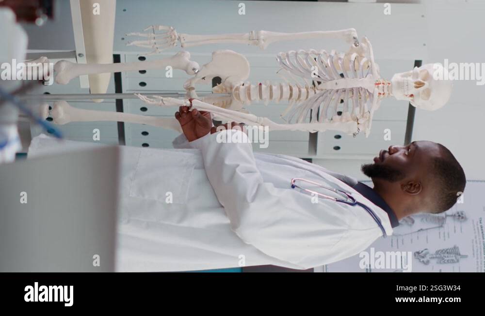 Vertical video: African american osteopath pointing at human skeleton ...
