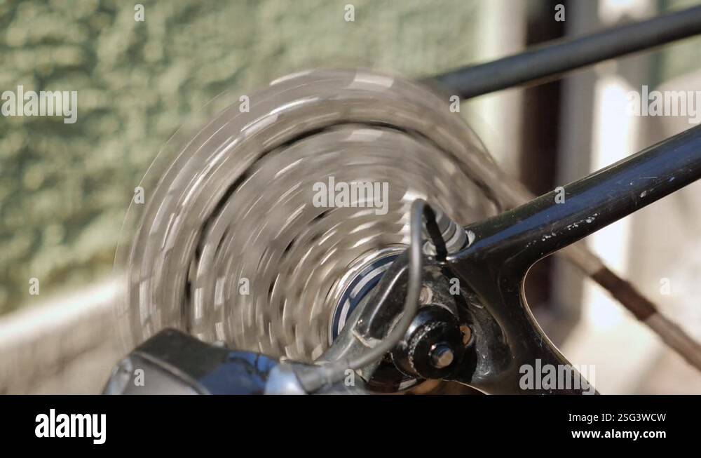 Rear bike cassette rotation. Close up of bicycle gear. Derailleur ...
