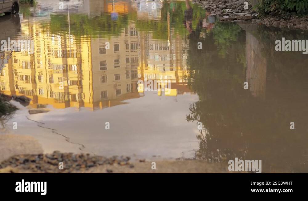 Driving car on flooded area during flood caused torrential rain.Car ...