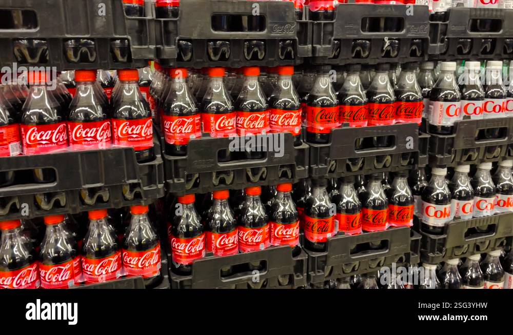 Retail grocery store trays of Coca Cola product, sprite, Diet Coke ...