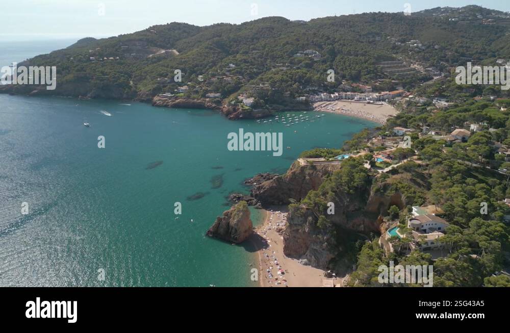 A slow panning shot Aerial images with drone on the Costa Brava of ...