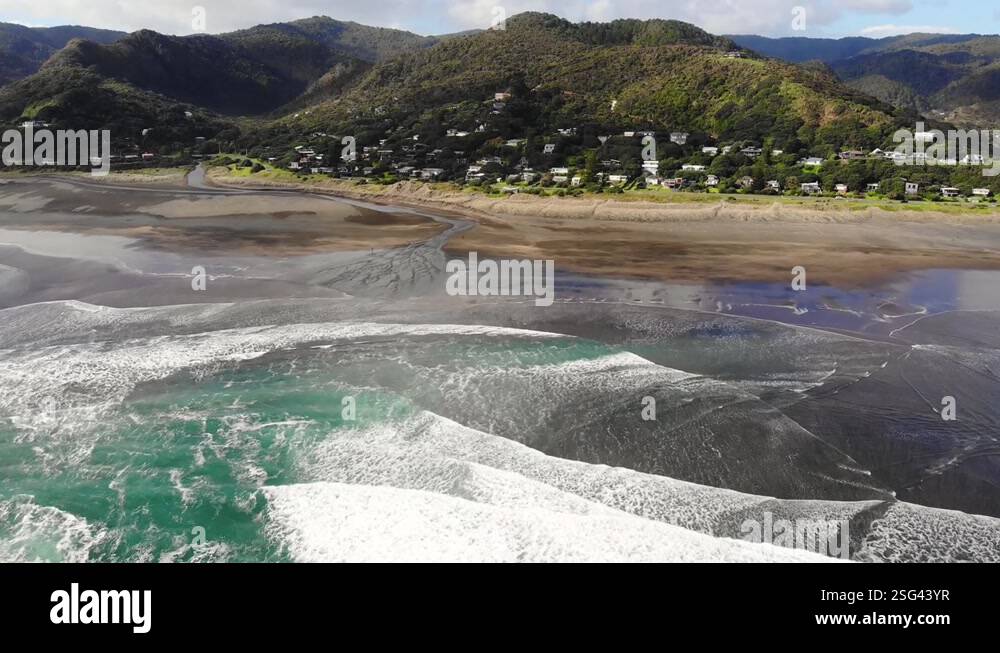 Stream flowing into Tasman Sea at scenic black sand Piha beach, aerial ...