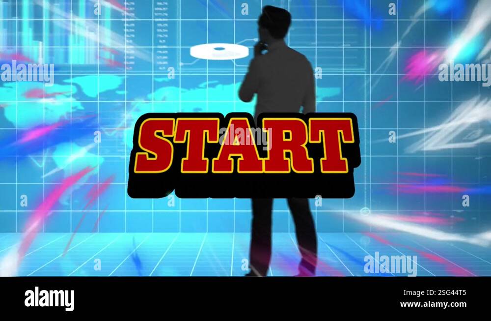 Animation of start text over biracial businessman analyzing graph ...