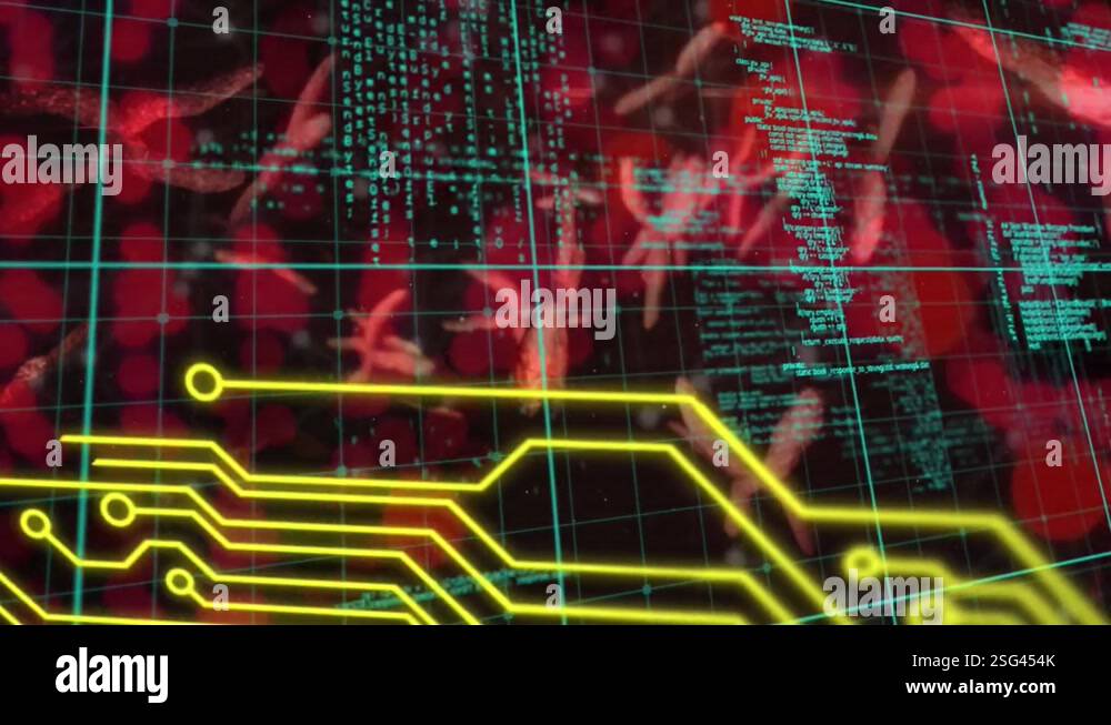 Animation of microprocessor connections and data processing over blood ...