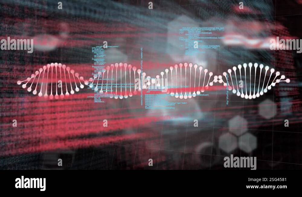 Animation of data processing and dna structures spinning over hexagonal ...
