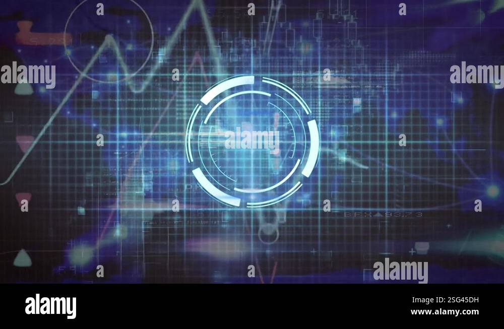 Animation of neon round scanner and and heart rate monitor against blue ...