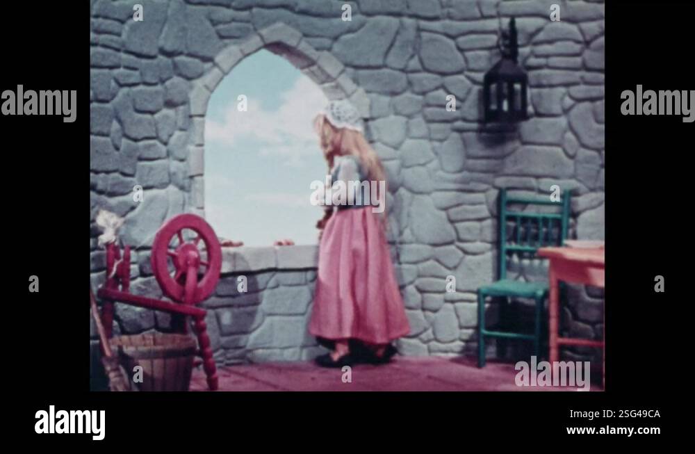 1950s: Rapunzel retreats from the witch. The witch cuts off Rapunzel's ...