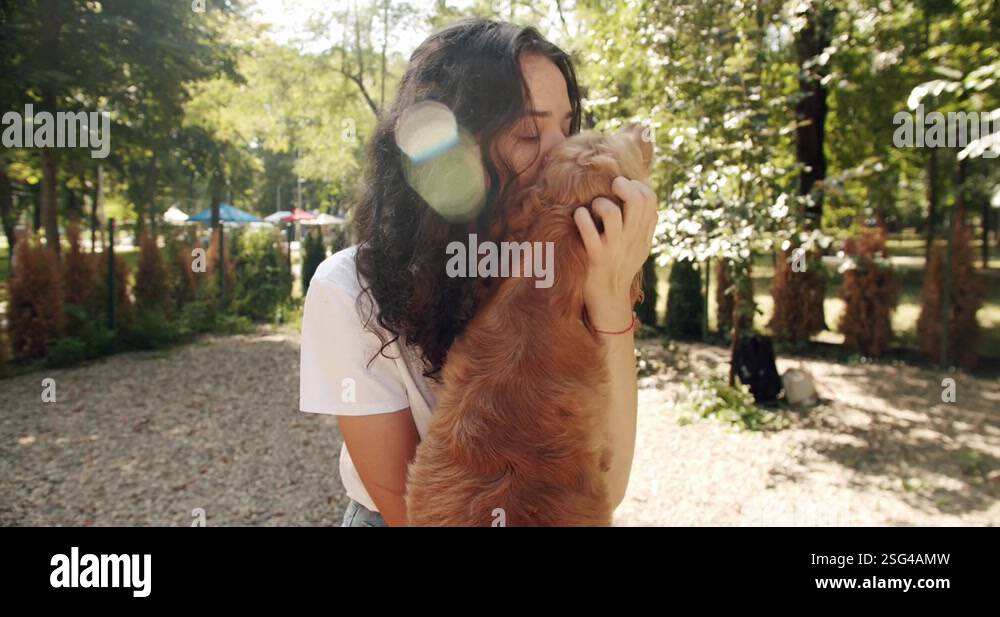 Woman playing with her dog. hugs, kiss and pose nicely. Human animal ...
