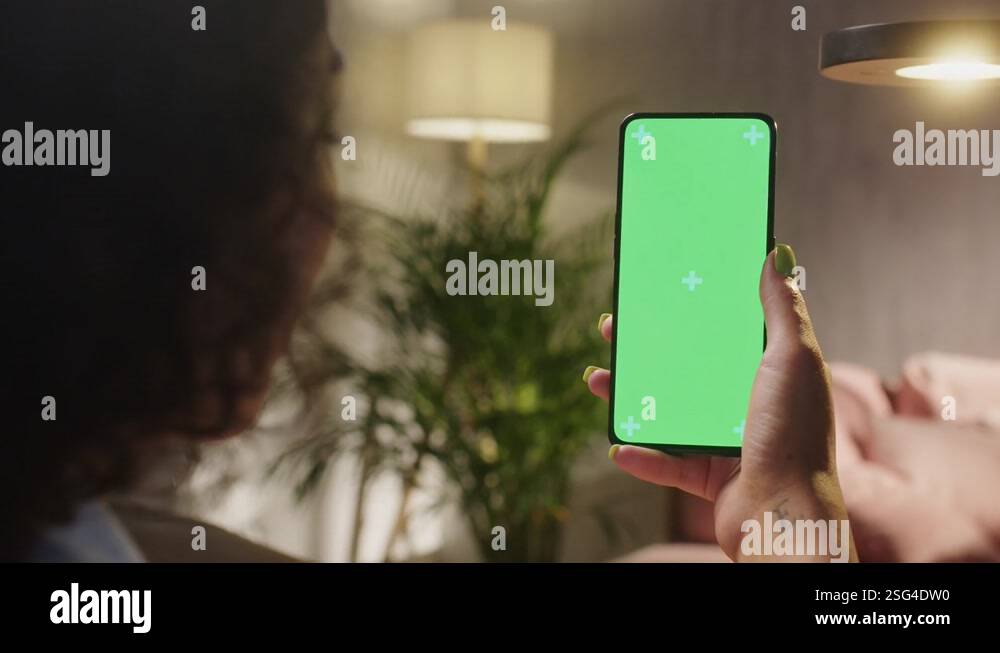 Tapping on Center Screen. Back View of Woman at Living Room Sitting on ...