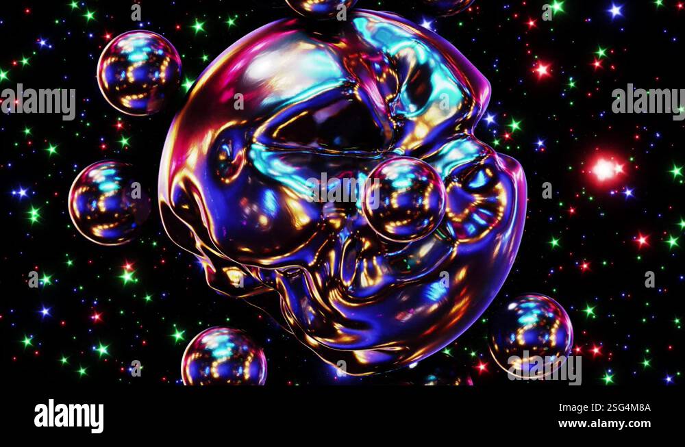 Morphing alien alloy sphere with satellites against colorful stars 3D ...